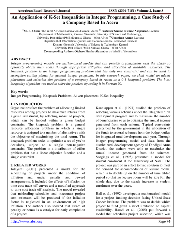 (PDF) An Application of K-Set Inequalities in Integer Programming, a Case Study of a Company ...