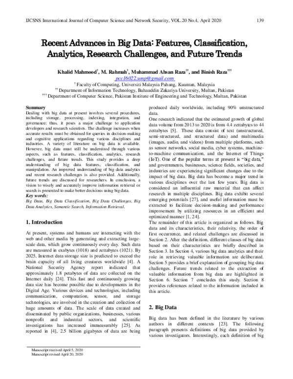 (PDF) Recent Advances in Big Data: Features, Classification, Analytics, Research Challenges, and ...