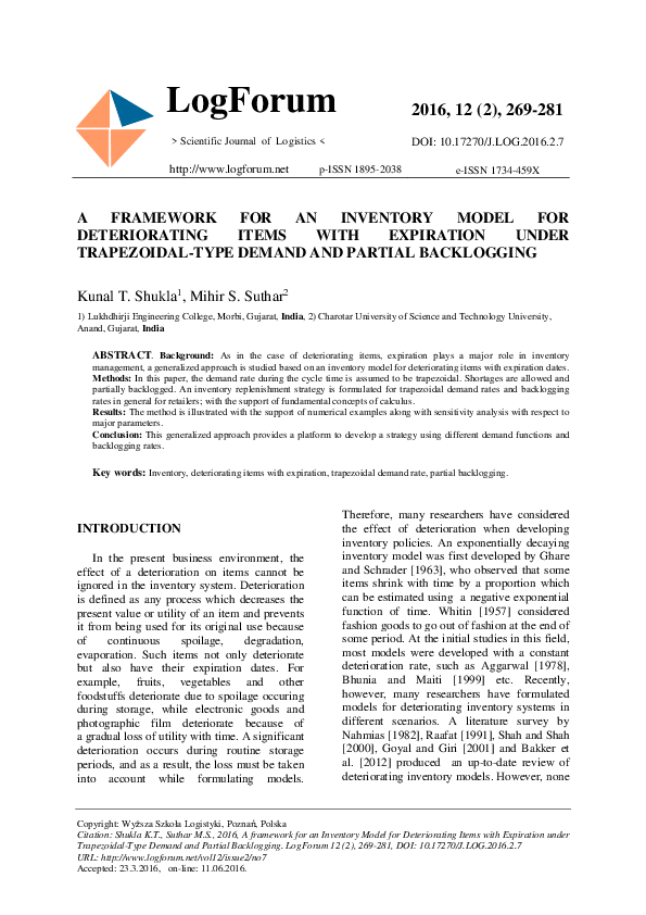 Pdf A Framework For An Inventory Model For Deteriorating Items With Expiration Under