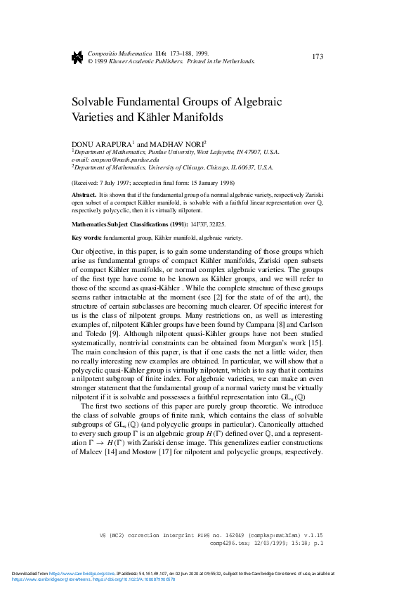 (PDF) Solvable Fundamental Groups of Algebraic Varieties and Käler ...