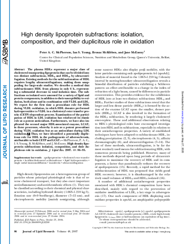 (PDF) High density lipoprotein subfractions: isolation, composition ...