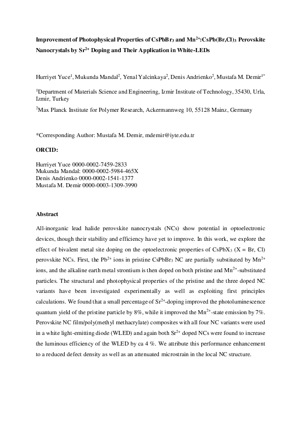 (PDF) Improvement of Photophysical Properties of CsPbBr3 and Mn2+:CsPb ...