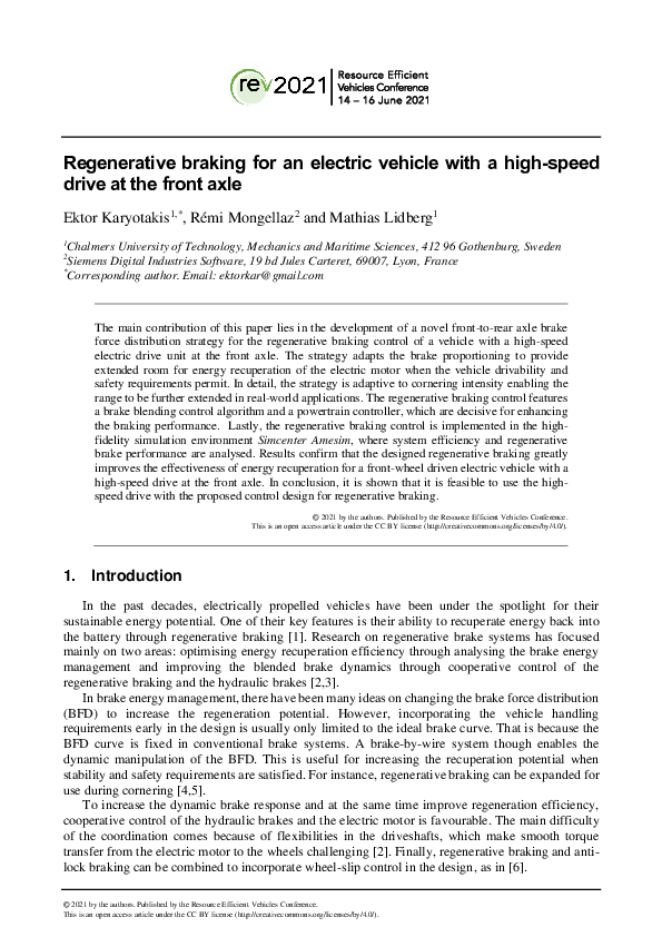 (PDF) Regenerative braking for an electric vehicle with a high-speed drive at the front axle