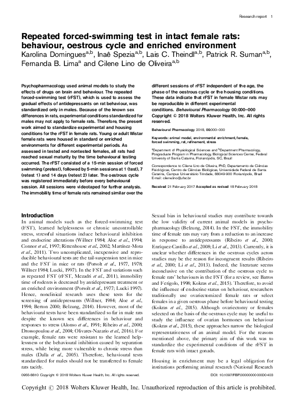 (PDF) Repeated forced-swimming test in intact female rats: behaviour ...