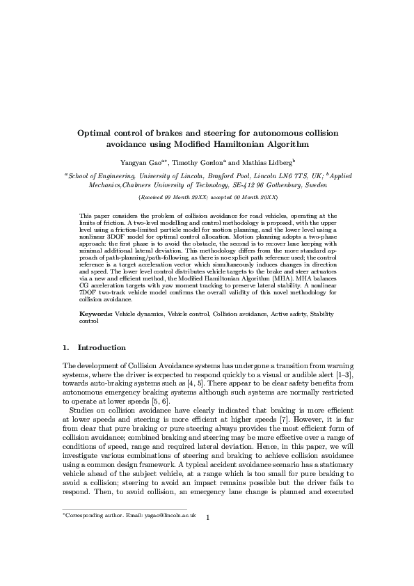 (PDF) Optimal control of brakes and steering for autonomous collision avoidance using modified ...
