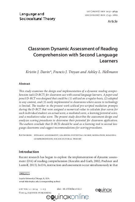 Pdf Classroom Dynamic Assessment Of Reading Comprehension With Second Language Learners