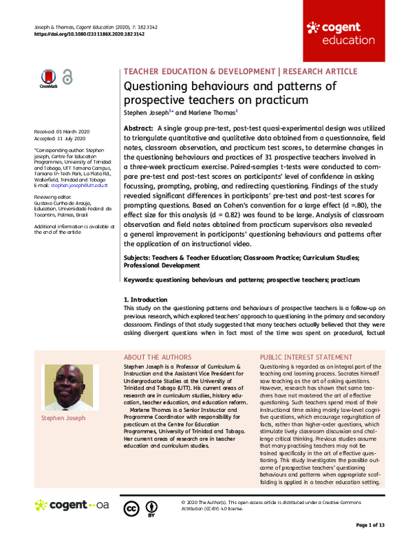 (PDF) Questioning behaviours and patterns of prospective teachers on ...