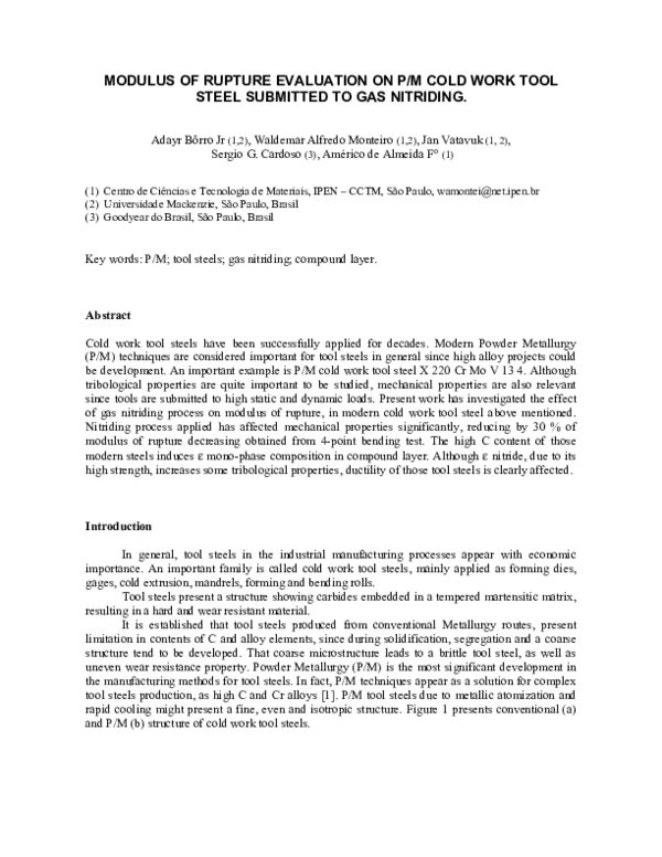 (PDF) Modulus of Rupture Evaluation on P/M Cold Worked Tool Steels ...