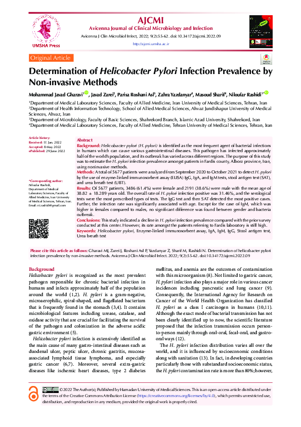 (PDF) Determination of Helicobacter Pylori Infection Prevalence by Non ...
