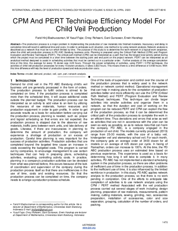 (PDF) CPM And PERT Technique Efficiency Model For Child Veil Production