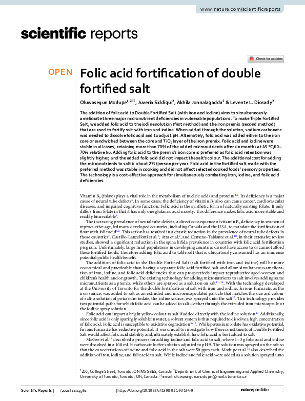 (PDF) Folic acid fortification of double fortified salt