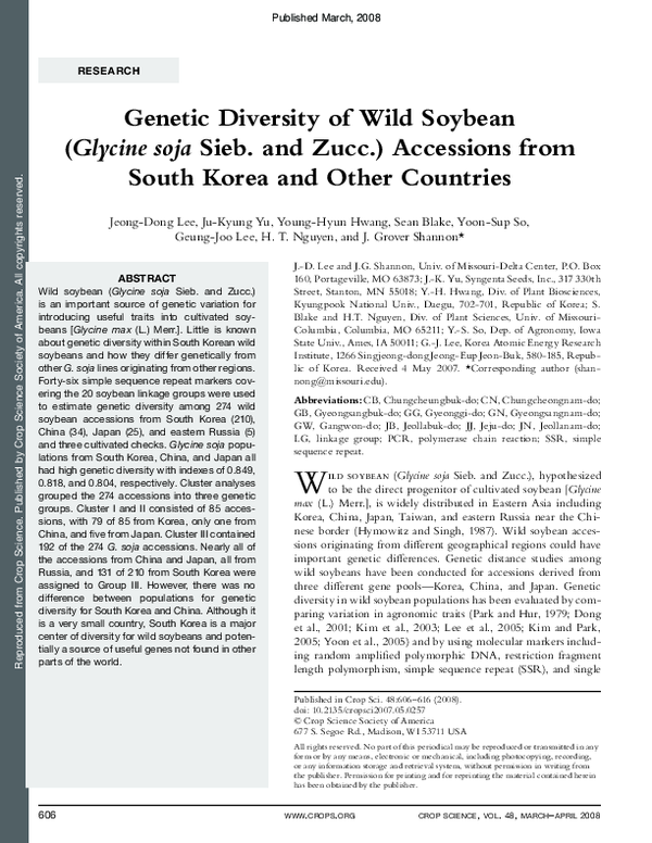 (PDF) Genetic Diversity of Wild Soybean ( Sieb. and Zucc.) Accessions ...