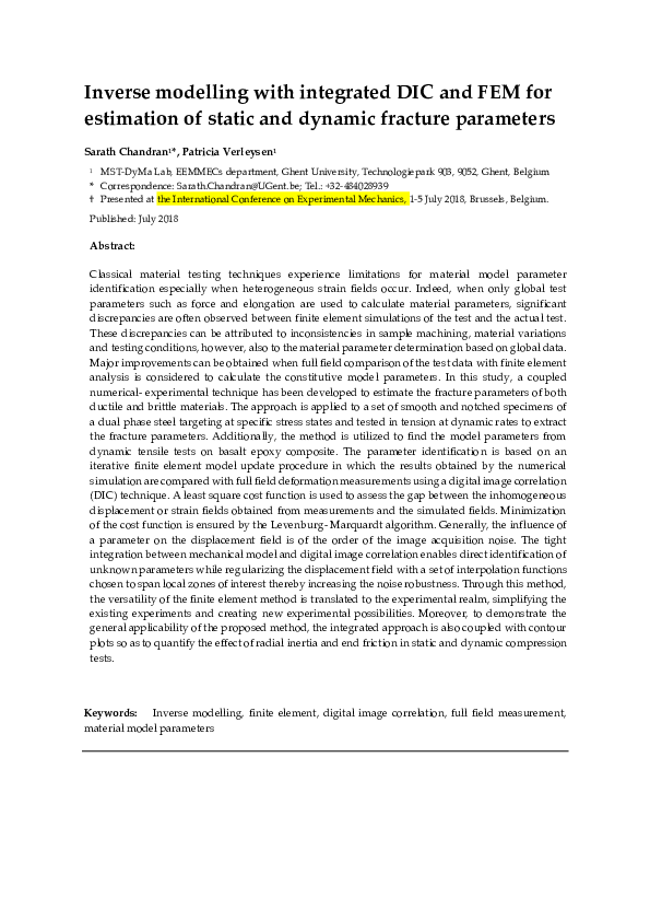 Pdf Inverse Modelling With Integrated Digital Image Correlation And Finite Element Method For