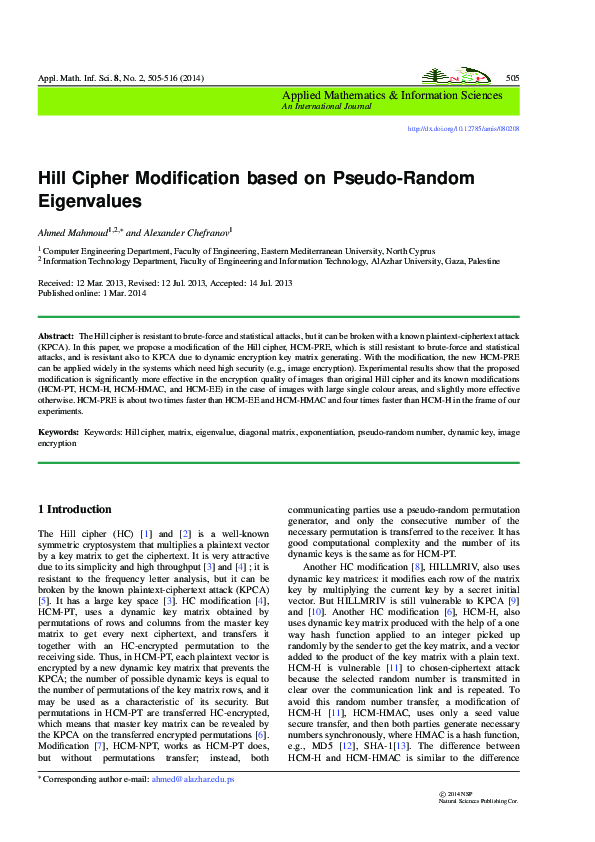 (PDF) Hill Cipher Modification based on Pseudo-Random Eigenvalues ...