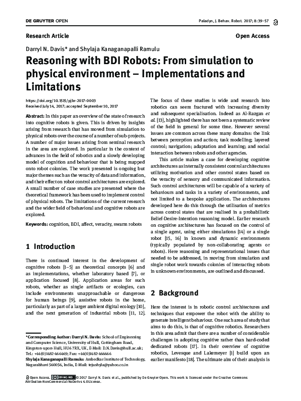 (PDF) Reasoning with BDI Robots: From simulation to physical environment – Implementations and ...