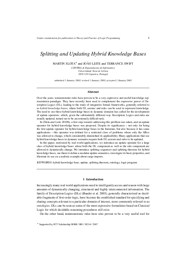 (PDF) Splitting and updating hybrid knowledge bases | Theresa Swift ...