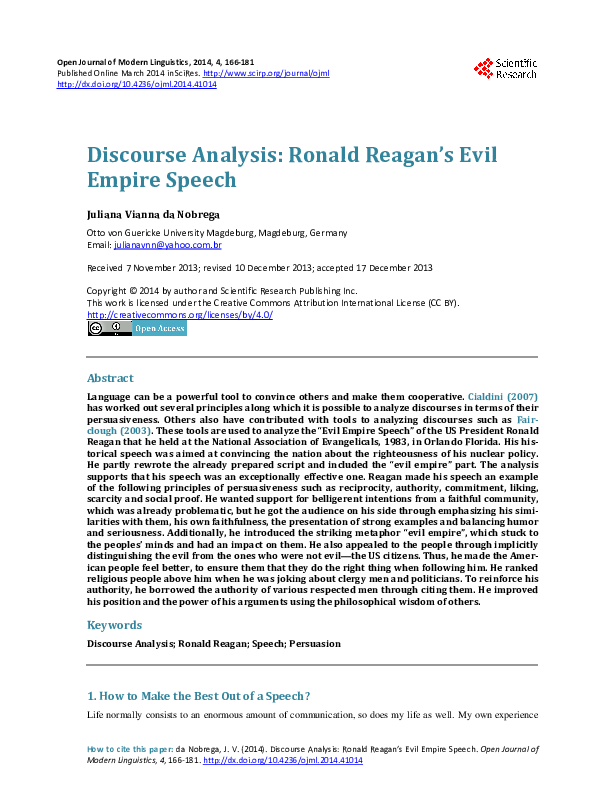 (PDF) Discourse Analysis: Ronald Reagan’s Evil Empire Speech