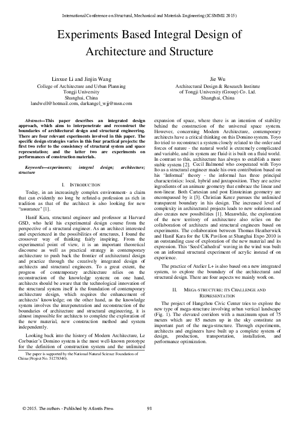 (PDF) Experiments Based Integral Design of Architecture and Structure