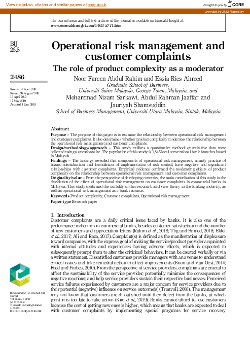 (PDF) Operational risk management and customer complaints