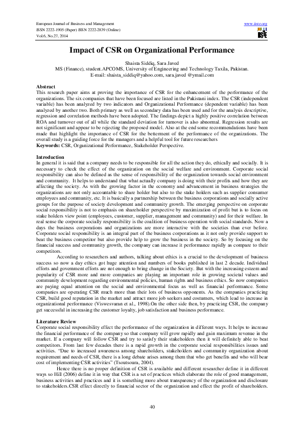 (PDF) Impact of CSR on Organizational Performance
