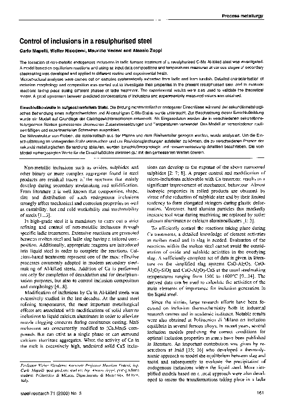 (PDF) Control of inclusions in a resulphurised steel