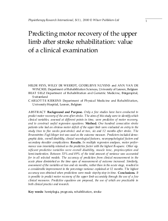 (PDF) Predicting motor recovery of the upper limb after stroke rehabilitation: value of a ...