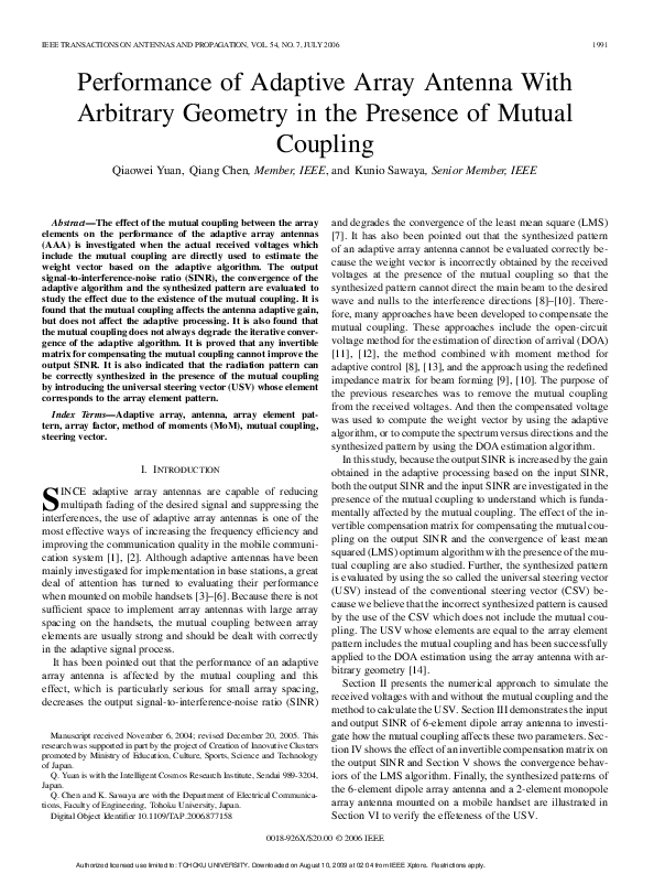 (PDF) Performance of adaptive array antenna with arbitrary geometry in the presence of mutual ...