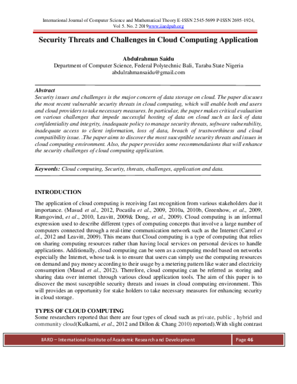 (PDF) Security Threats and Challenges in Cloud Computing Application | Abdulrahman Saidu ...