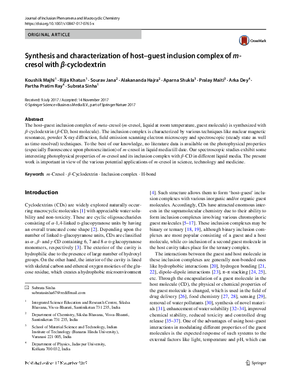 (PDF) Synthesis and characterization of host–guest inclusion complex of m-cresol with β ...