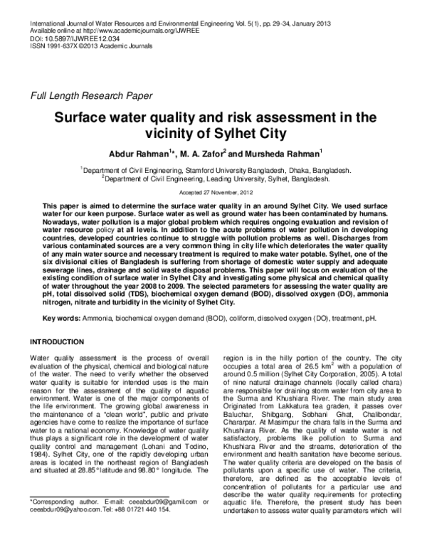 (PDF) Surface water quality and risk assessment in the vicinity of Sylhet City | Abdur Rahman ...