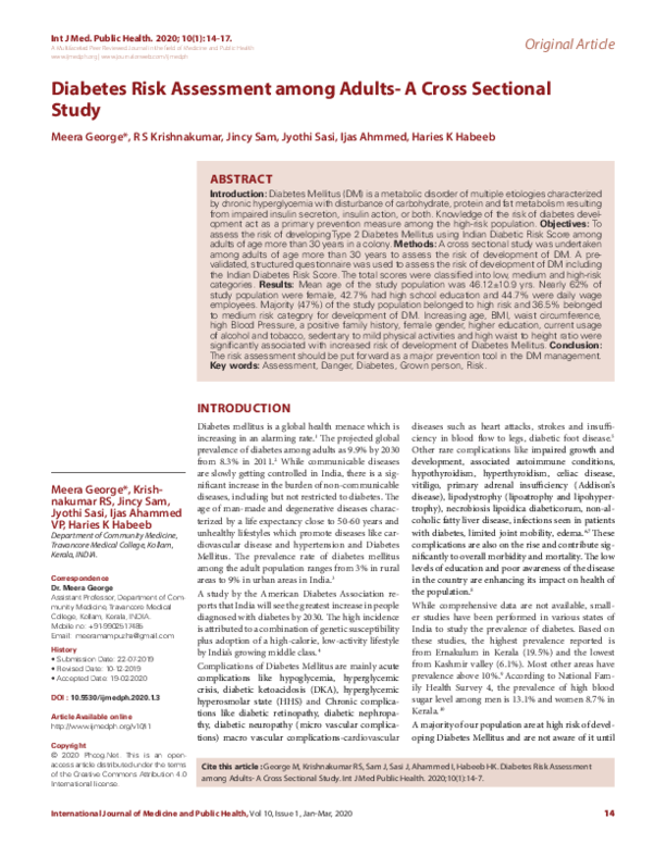 (PDF) Diabetes Risk Assessment among Adults- A Cross Sectional Study