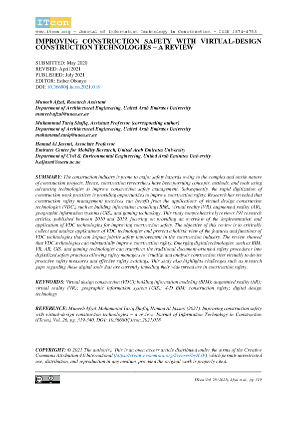 (PDF) Improving construction safety with virtual-design construction technologies – a review