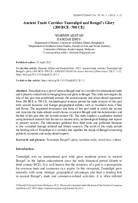 (PDF) Ancient Trade Corridor Tamralipti and Bengal’s Glory (200 BCE–700 CE)