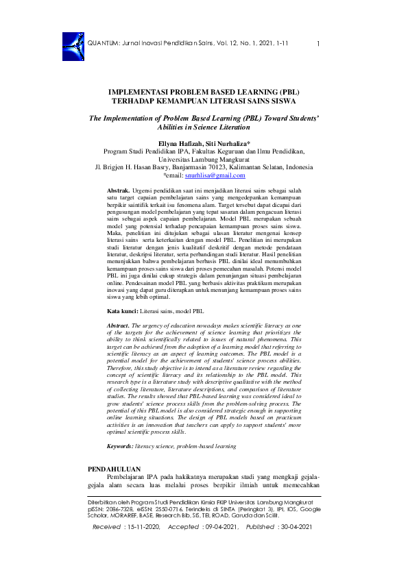 (PDF) Implementasi Problem Based Learning (PBL) Terhadap Kemampuan Literasi Sains Siswa