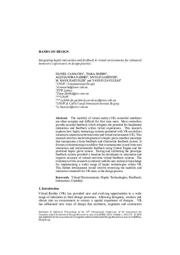 (PDF) Hands On Design - Integrating haptic interaction and feedback in virtual environments for ...