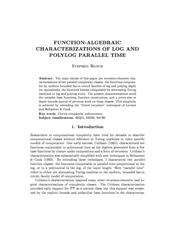 (PDF) Function-algebraic characterizations of log and polylog parallel time