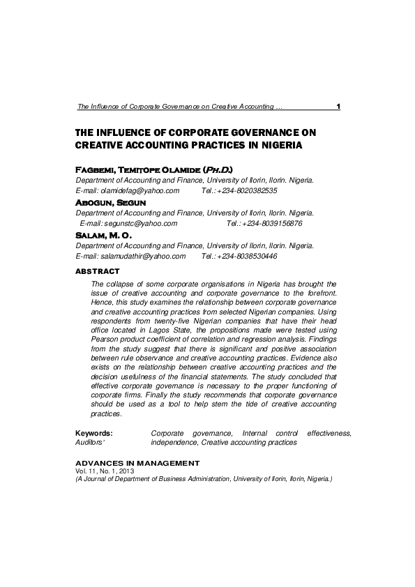 (PDF) The influence of corporate governance on creative accounting practices in Nigeria