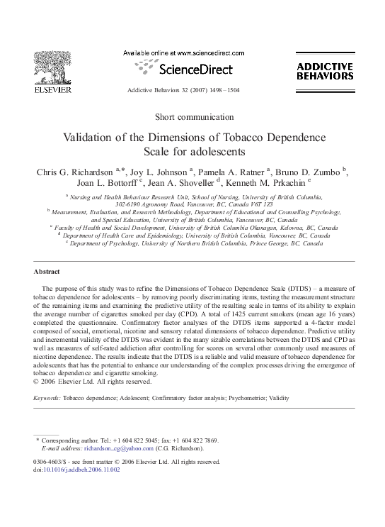 (PDF) Validation of the Dimensions of Tobacco Dependence Scale for ...