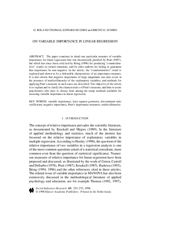 (PDF) Clarifying Pratt's Measure of Variable Importance in Regression