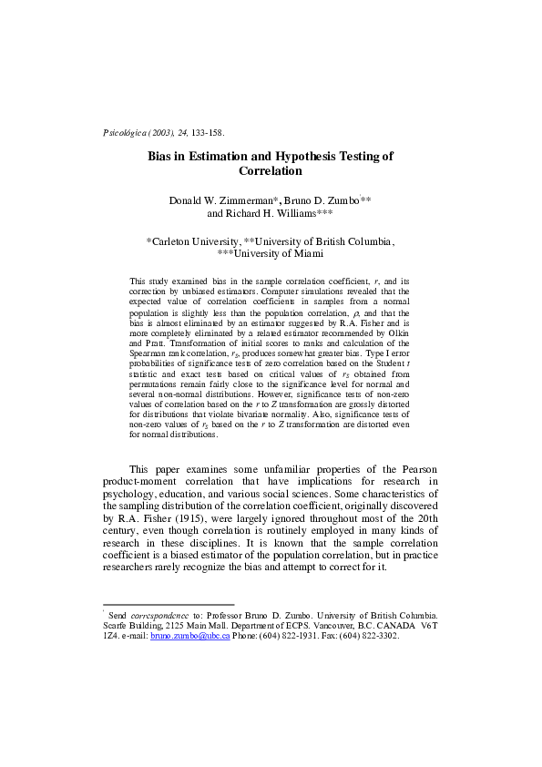 (PDF) Bias in estimation and hypothesis testing of correlation (PDF) Bias in estimation and hypothesis testing of correlation