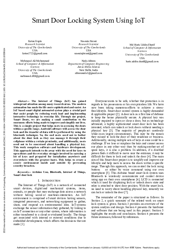 (PDF) Smart Door Locking System Using IoT
