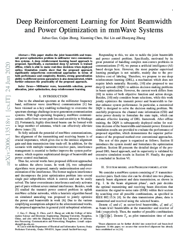 (PDF) Deep Reinforcement Learning for Joint Beamwidth and Power Optimization in mmWave Systems