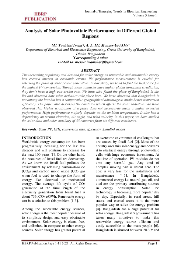 Pdf Analysis Of Solar Photovoltaic Performance In Different Global