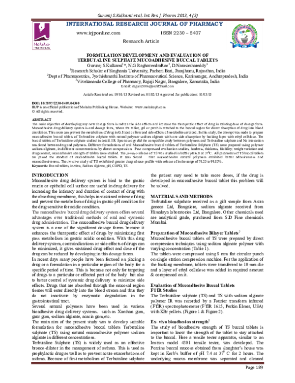 Pdf Formulation Development And Evaluation Of Terbutaline Sulphate Mucoadhesive Buccal Tablets