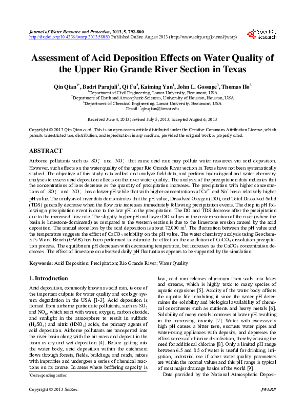 (PDF) Assessment of Acid Deposition Effects on Water Quality of the ...