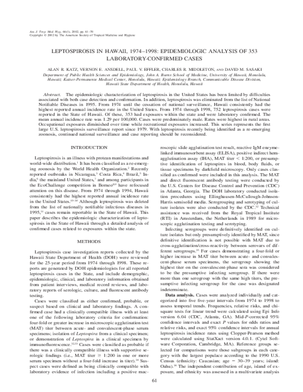 (PDF) Leptospirosis in Hawaii, 1974-1998: epidemiologic analysis of 353 laboratory-confirmed cases