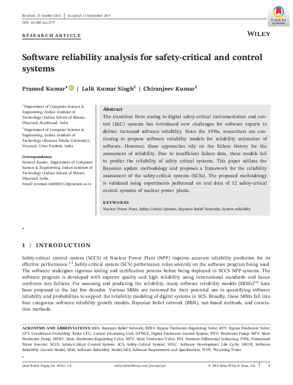 (PDF) Software reliability analysis for safety‐critical and control systems