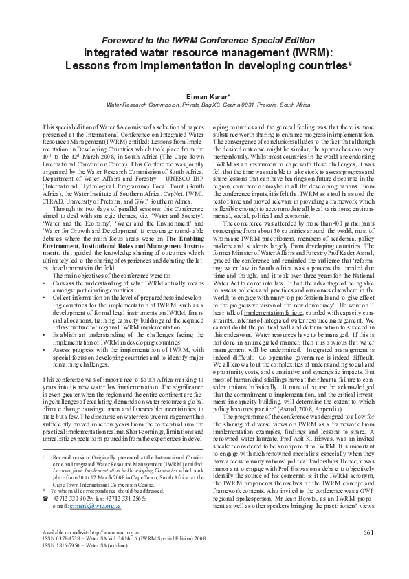 (PDF) Foreword to the IWRM conference special edition: Integrated water ...