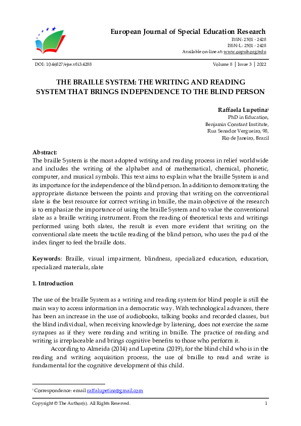 (PDF) The Braille System: The Writing and Reading System That Brings ...