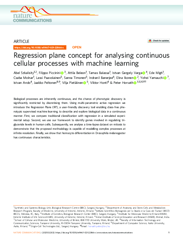 (PDF) Regression plane concept for analysing continuous cellular processes with machine learning